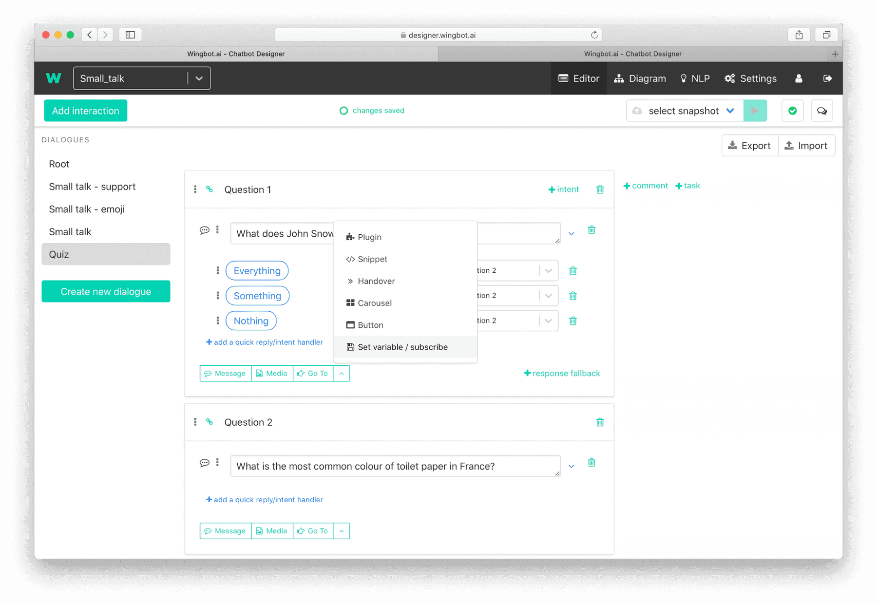 Setting a variable - Wingbot Chatbot Framework Documentation