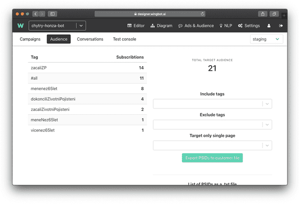 Building and exporting audience - Wingbot Chatbot Framework Documentation